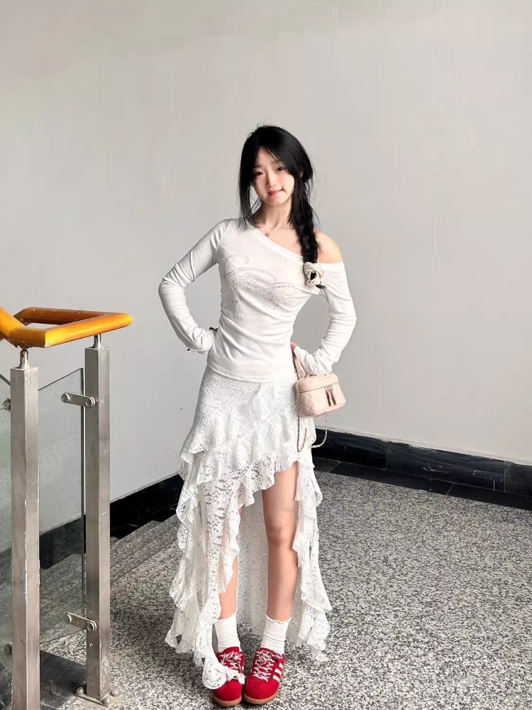 Alisa.Sonya Women's White Lace High Waist Skirt Sweet Floral Flared ...