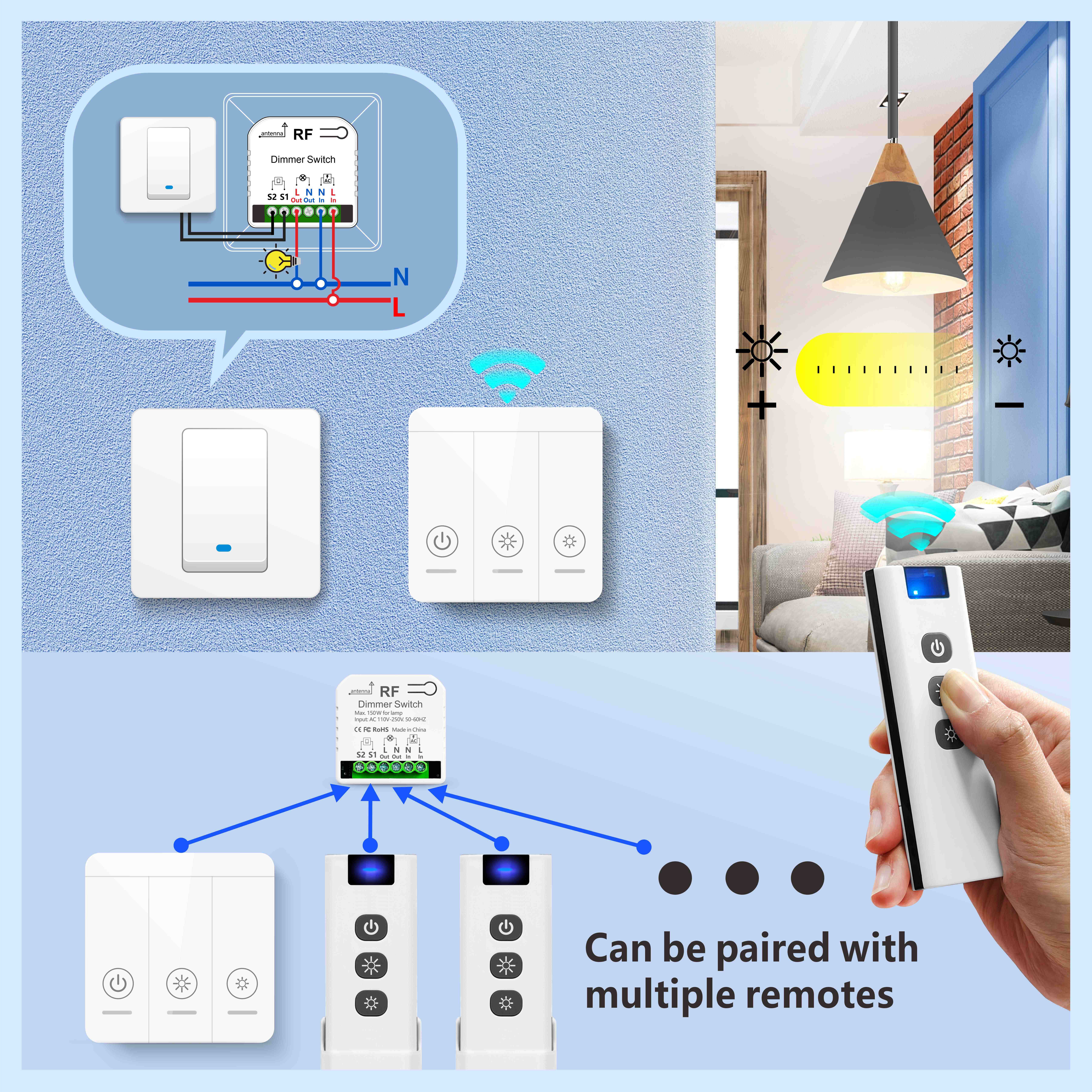 RF 433MHz wireless remote control dimmer switch, AC110V 220V dimming ...