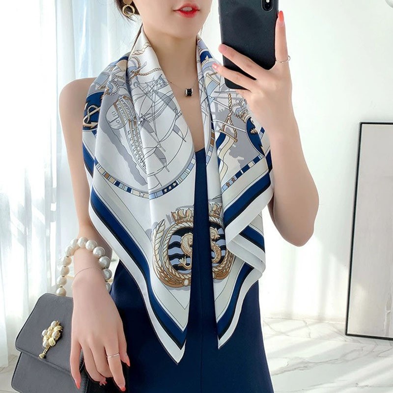 Bohemian-Chic Navy & Ivory Chain Print Scarf - Satin-Fringed Headband ...