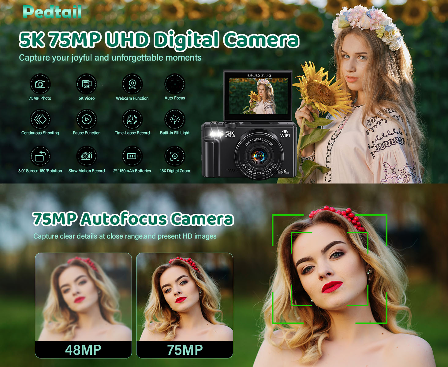 VETEK8-5K Camera 75MP Digital Camera 3.0Flip Screen 18X Digital Zoom ...