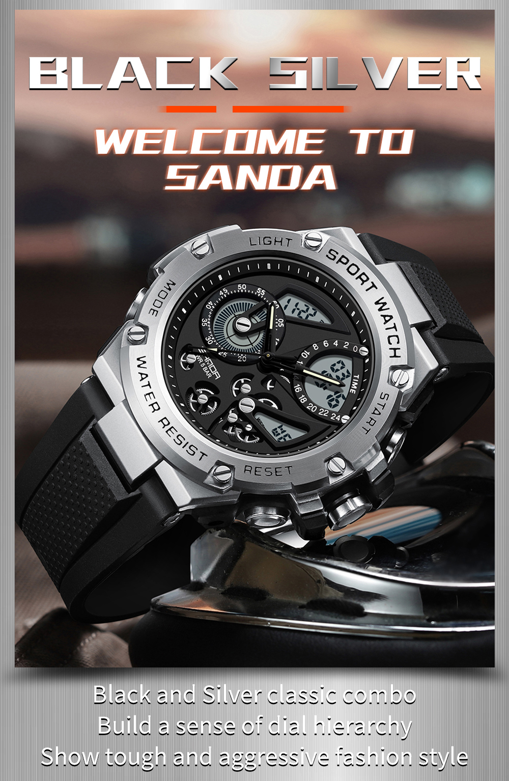 SANDA top-level 9028 Men Watches Digital Watch Luminous 5BAR Waterproof Male Sport Watch Quartz ...