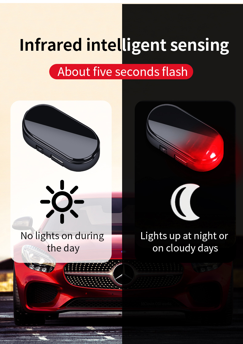 Automotive solar warning anti-theft light without wiring, decorative ...