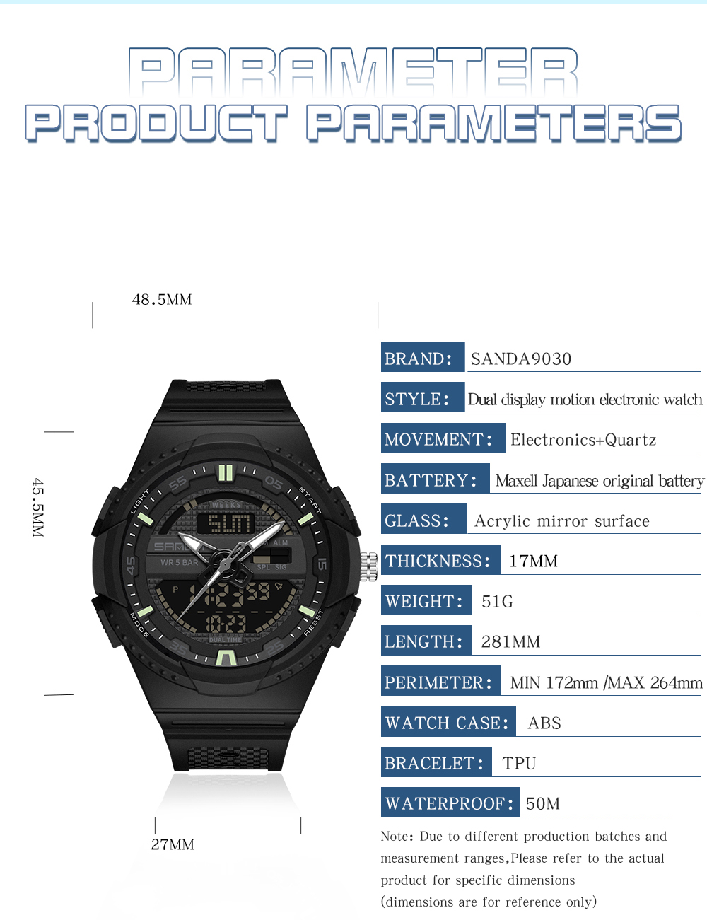 SANDA 9030 Sports Watch Men Women Quartz Digital Dual Display Shock ...