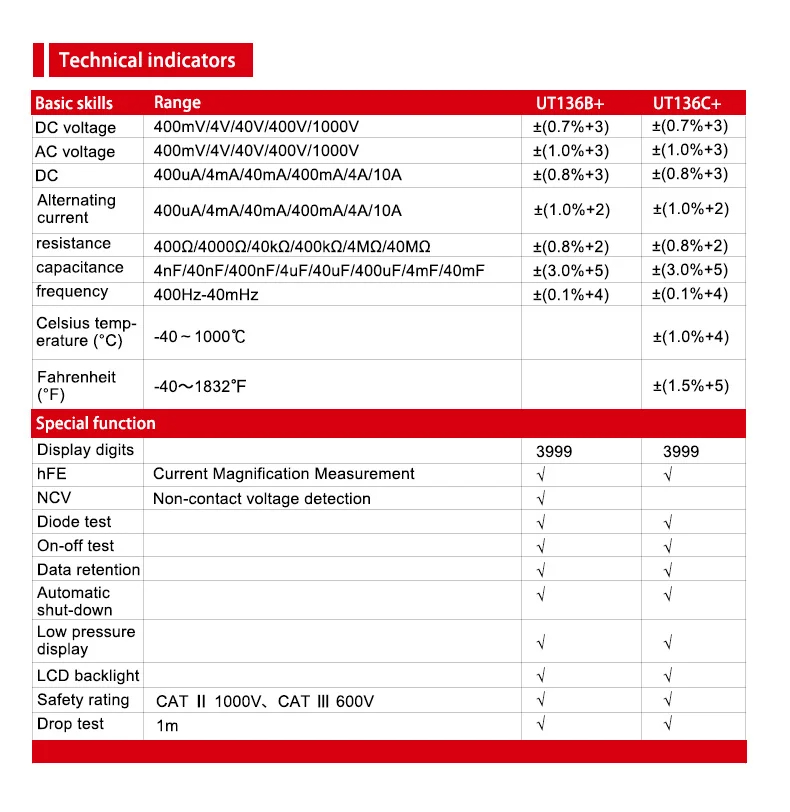 UNI-T UT136B+ UT136C+ Digital Multimeter Auto Power Off Meter AC DC ...
