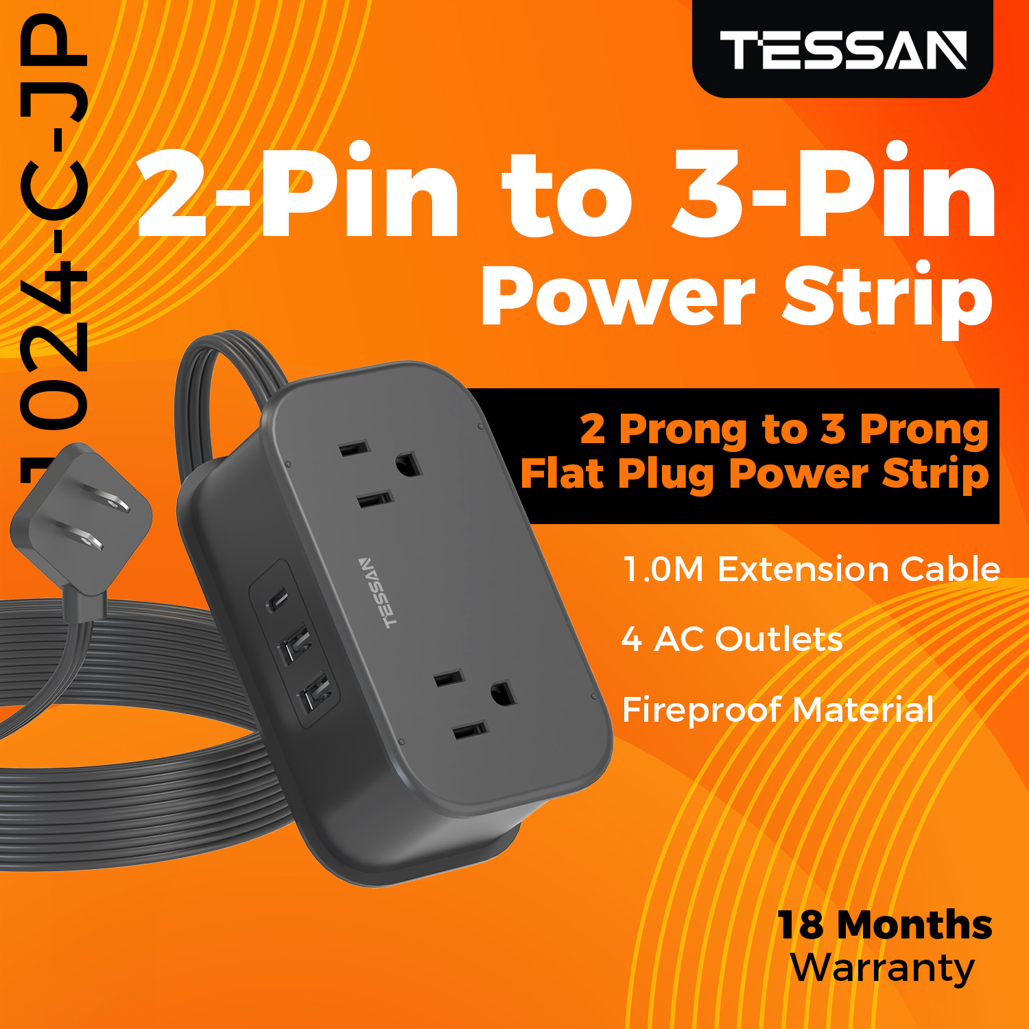 TESSAN 2 Pin Ultra Thin Extension Cord with USB+Type C,Flat Plug Power ...