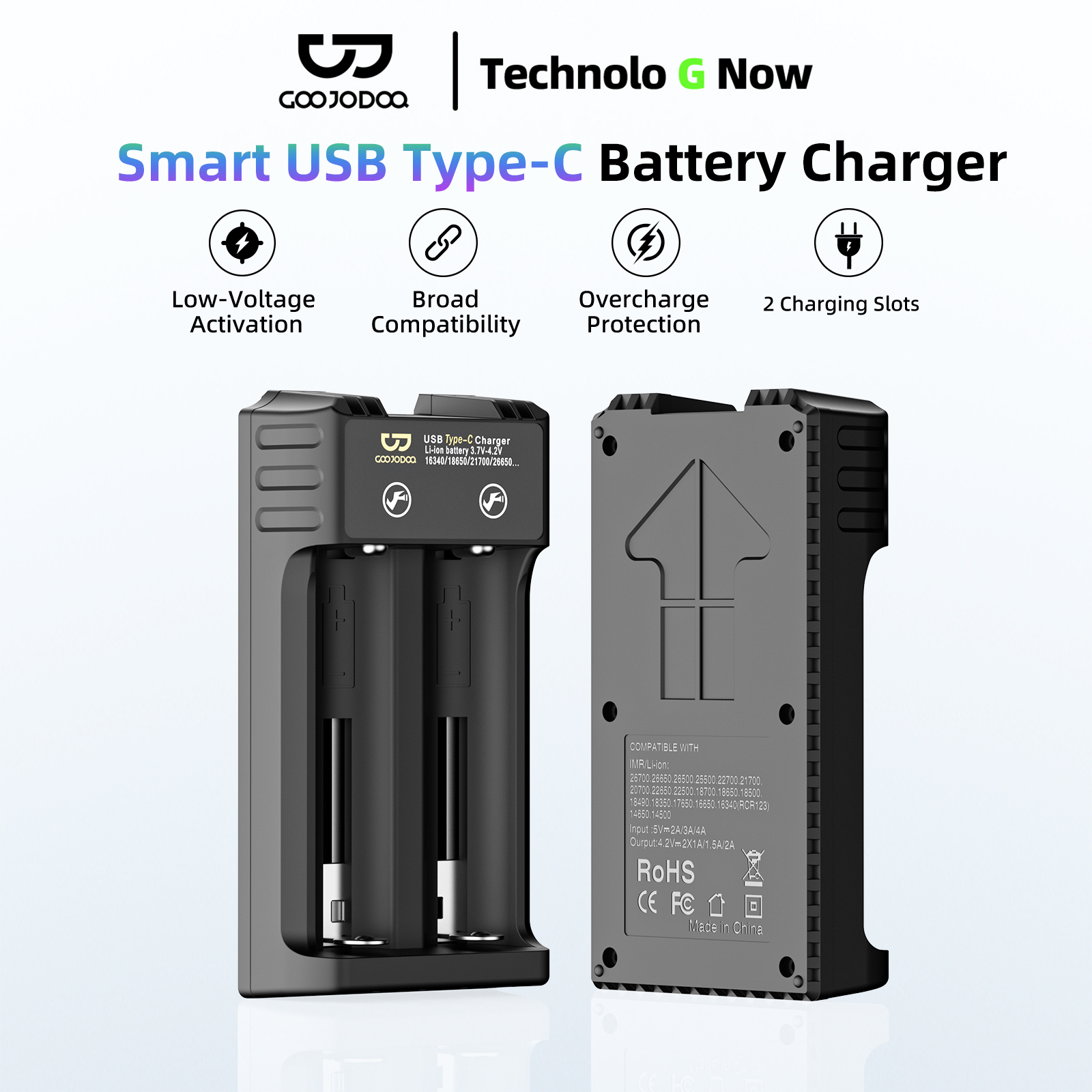 GOOJODOQ Battery Charger Mini Portable Adjustable Charging Slots ...