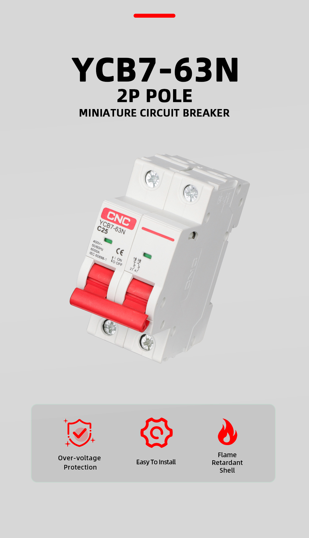 CNC YCB6H-63 1P/2P/3P Miniature Circuit Breaker MCB Din Rail Mount Breaking Capacity 6A/10A/16A ...