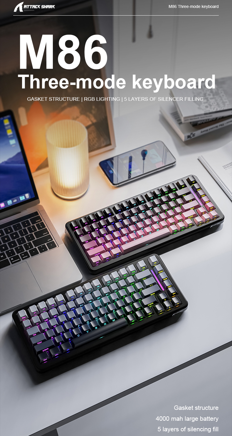 Attack Shark M86 Wireless Mechanical Keyboard 75% Hot swappable RGB GASKET Custom Gaming ...