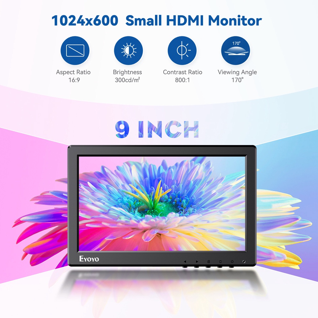 Eyoyo 9 Inch Small Monitor, 1024x600 IPS HDMI Monitor Support HDMI/VGA ...