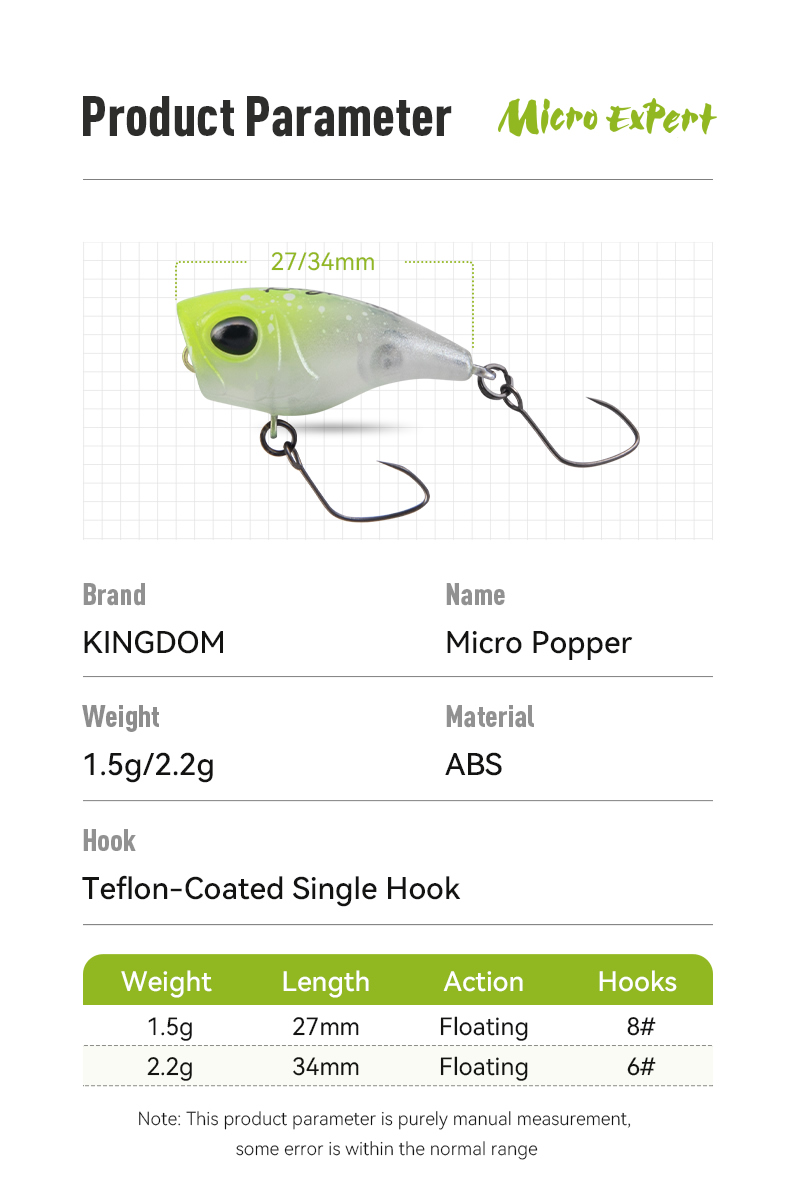 Kingdom Micro Popper Fishing Lure 1.5g/27mm 2.2g/34mm Floating Hard ...