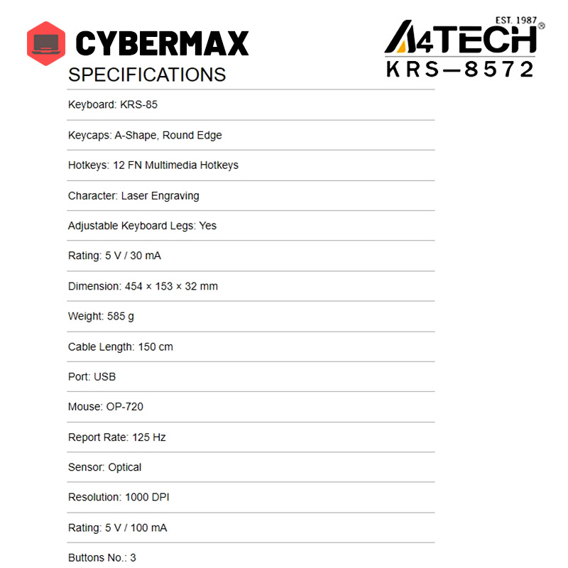 A4TECH KRS-8572 Wired Keyboard And Mouse Combo Kit Bundle USB Plug And ...