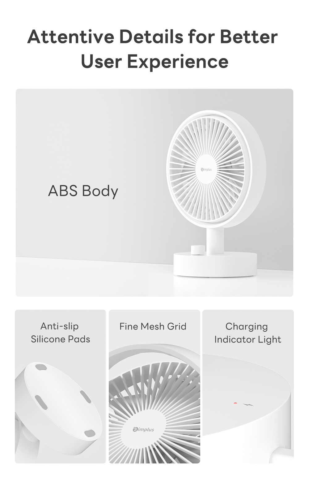 Simplus Electric Table Fan Small Desk Fan Type-C Charging Suitable for ...