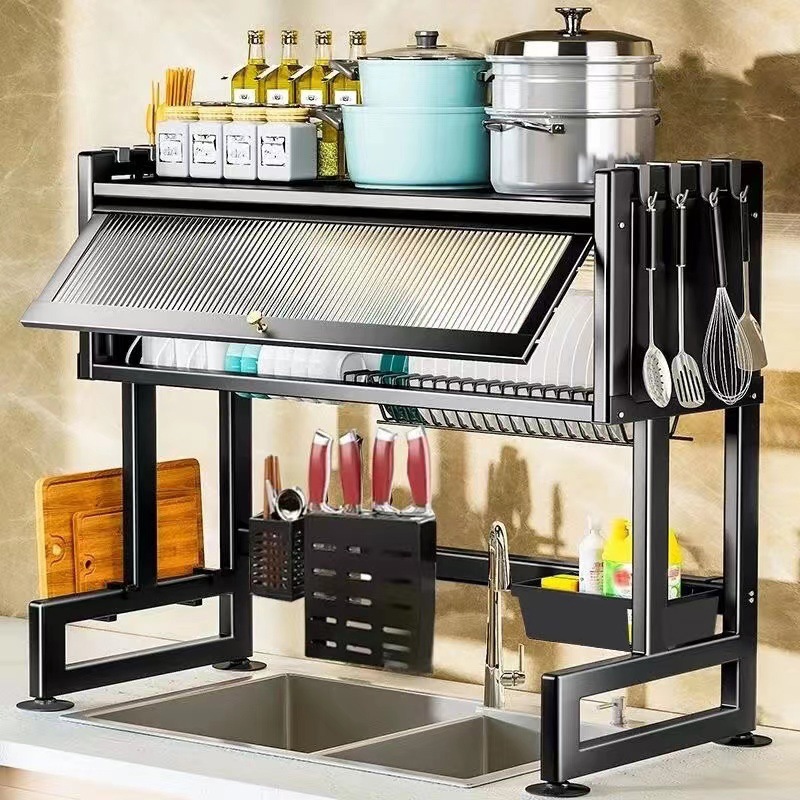 2-Layer Stainless Steel Tableware Rack with Lid 65/75/85/95/105cm Cross ...