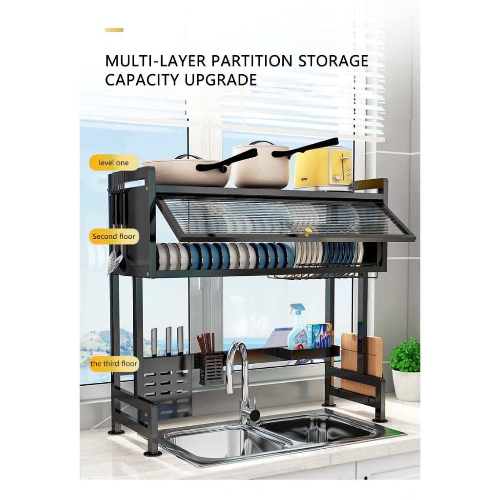 2-Layer Stainless Steel Tableware Rack with Lid 65/75/85/95/105cm Cross ...