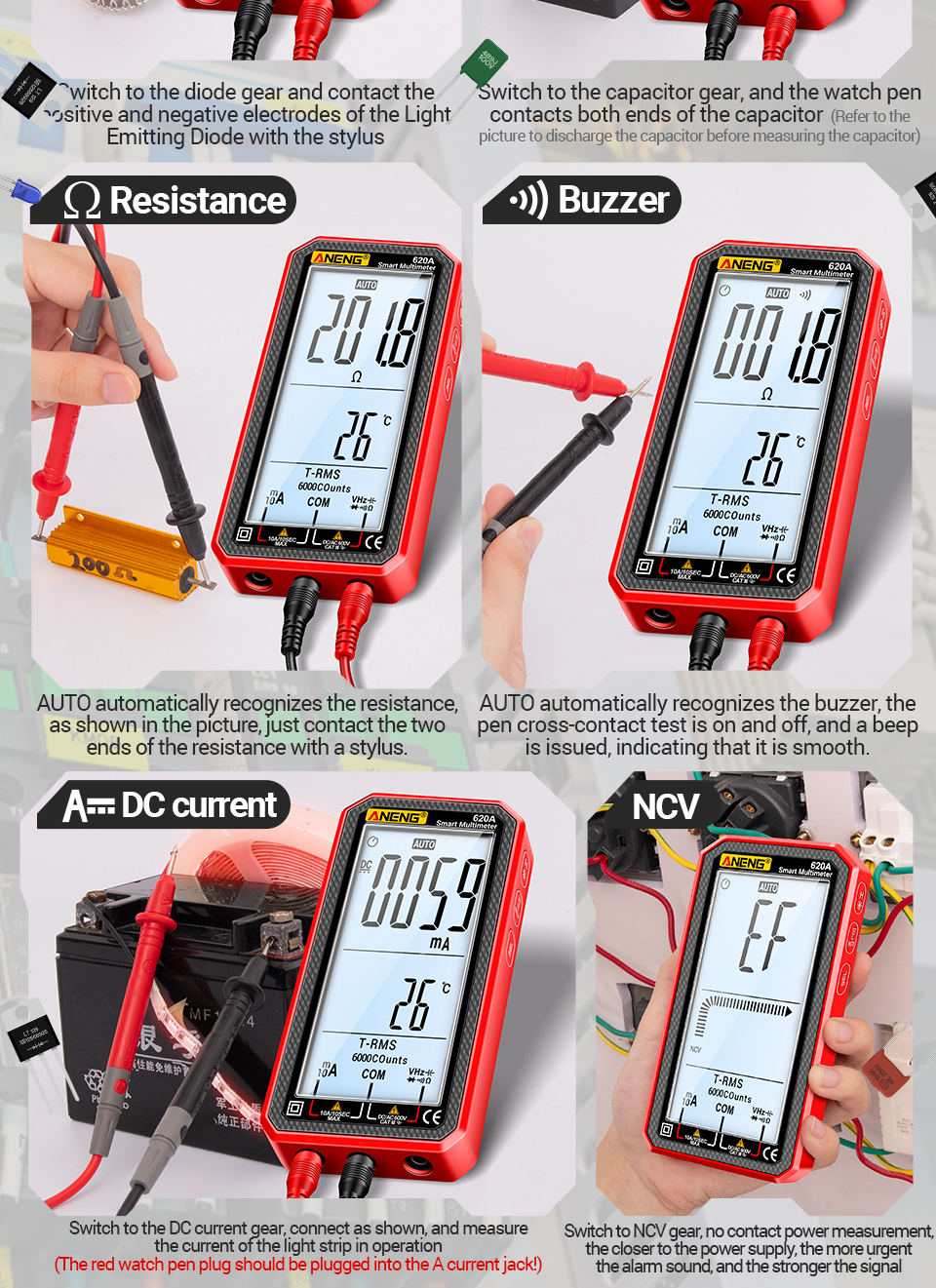 ANENG 620A Digital Multimeter - 6000 Counts True RMS with Drop-Proof ...