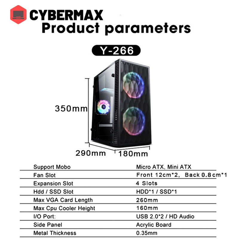 YGT Y-266 PC Case With 2 RGB Fans Tempered Glass ITX/Micro ATX Case ...