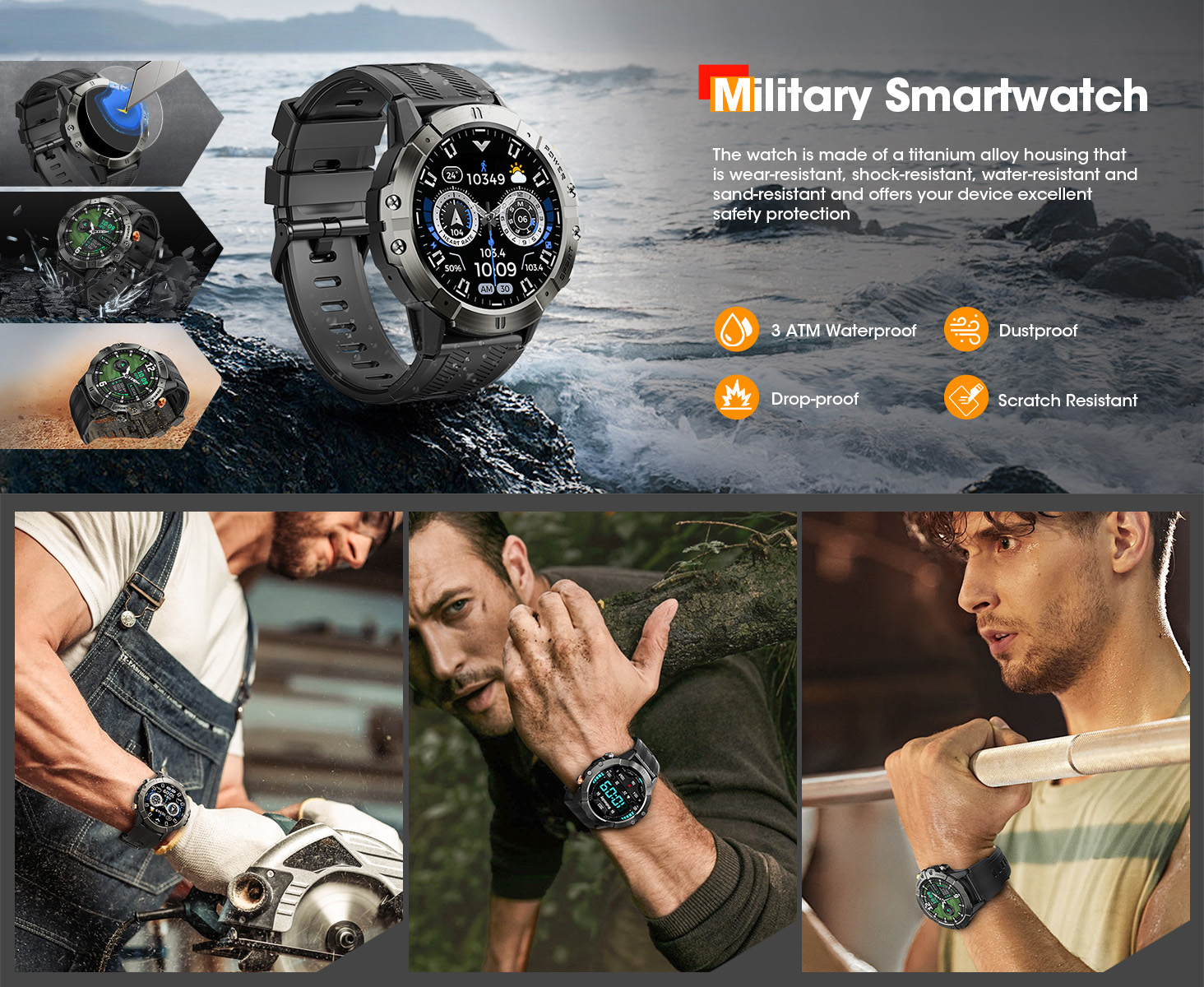 FILIEKEU Rugged Smartwatch 3ATM Waterproof Bluetooth Call Outdoor ...