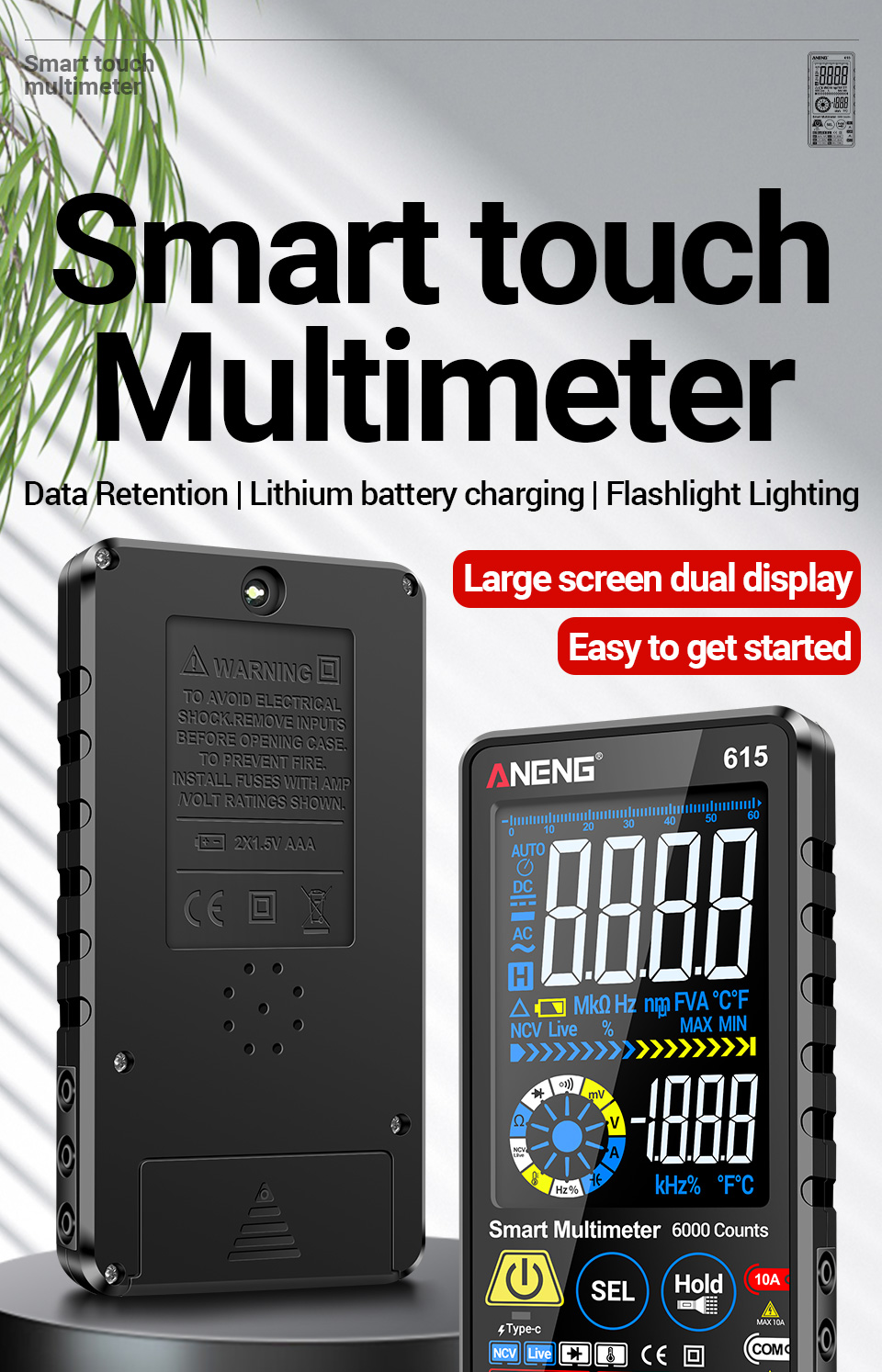ANENG 615 Multimeter Smart Touch Multitester AC/DC Current Voltage ...