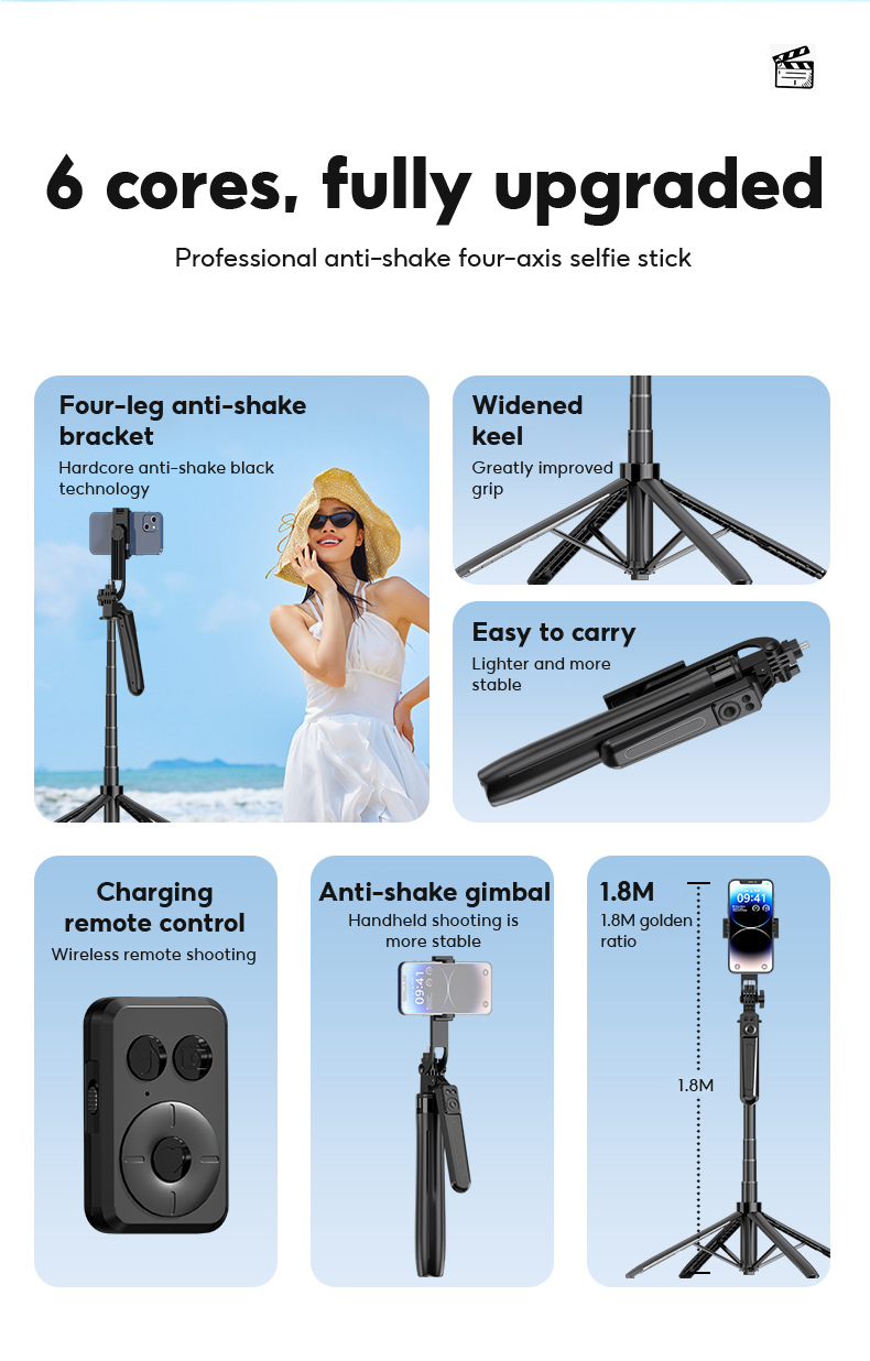 【Double Lamp】SOARFLY Upgraded 1800MM Four Corner Selfie Stick 360 ...