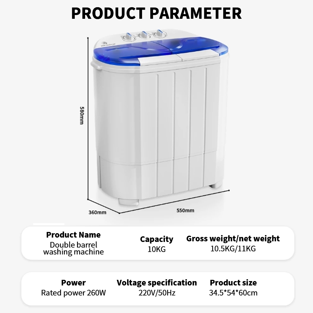 HOMEFUN 10KG Double Barrel Mini Washing Machine With Spin Dryer Semi ...