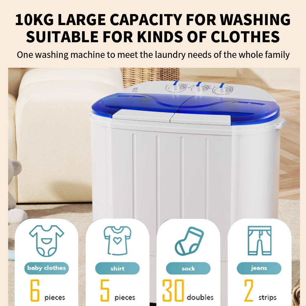 HOMEFUN 10KG Double Barrel Mini Washing Machine With Spin Dryer Semi ...