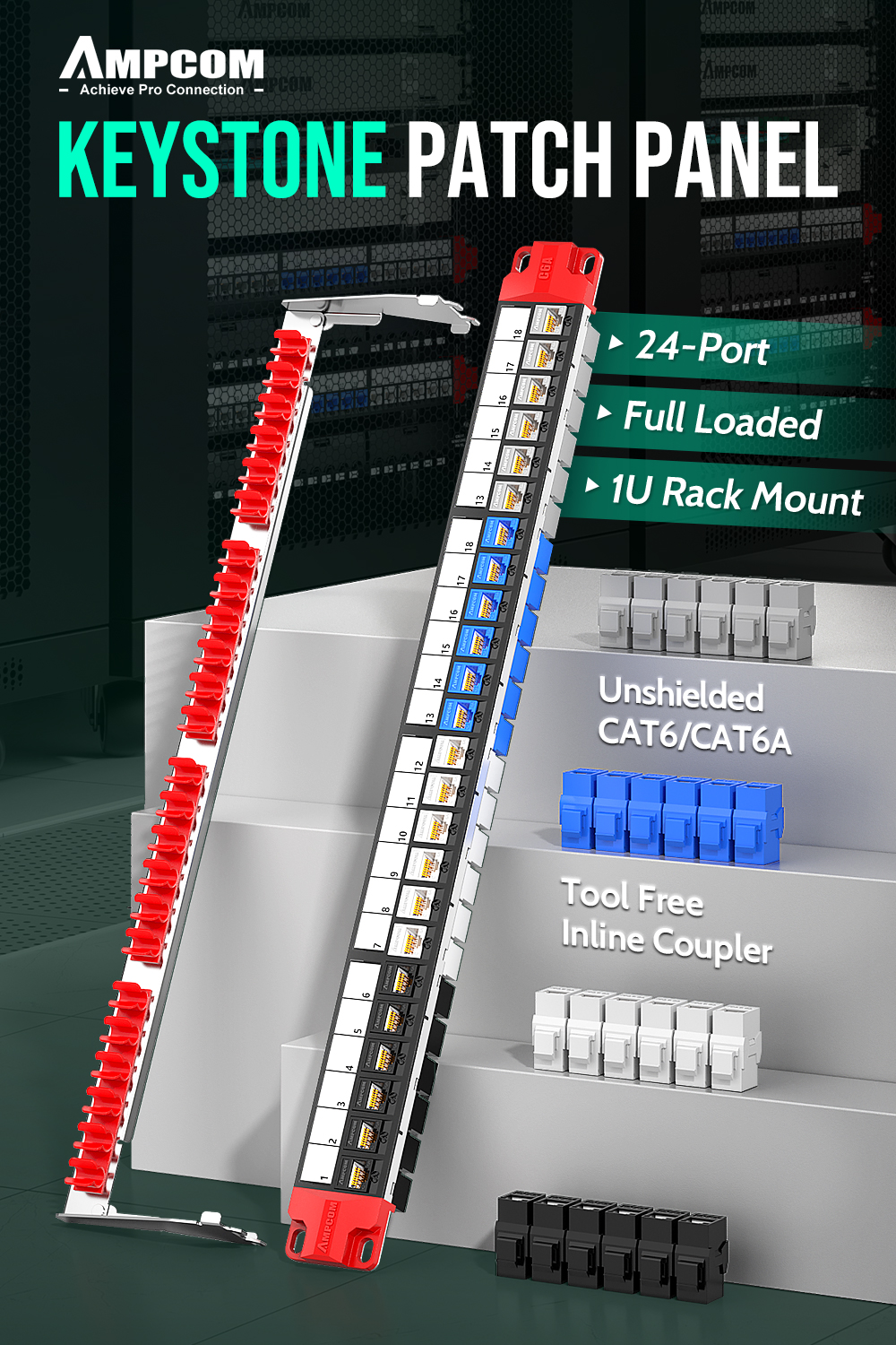 AMPCOM Patch Panel , 24 Port Patch Panel Pass Through, RJ45 UTP Thru ...