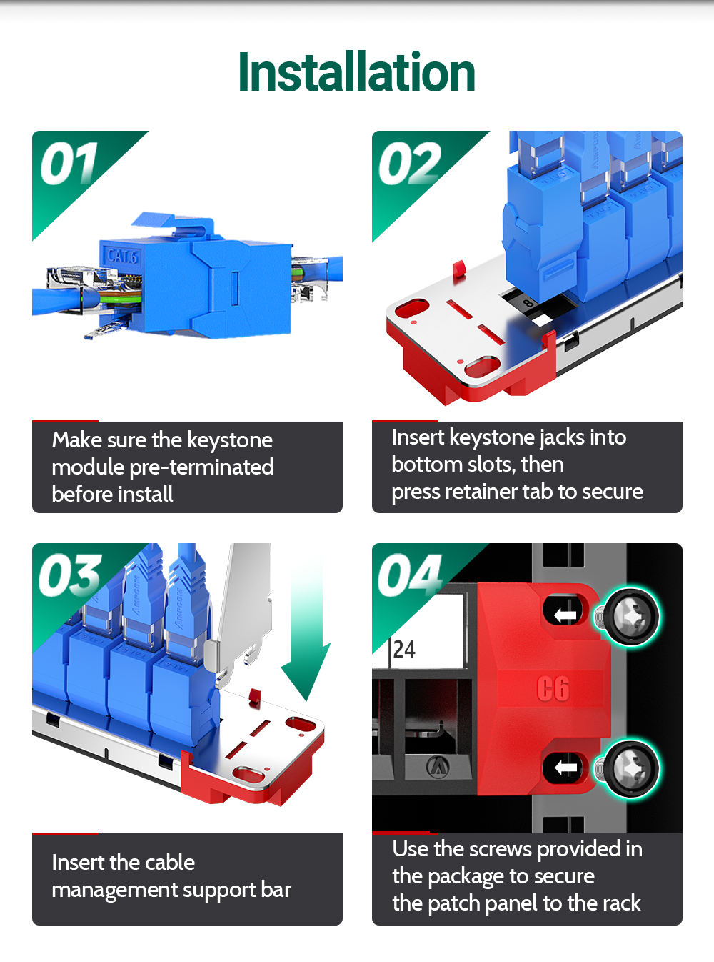 AMPCOM Patch Panel , 24 Port Patch Panel Pass Through, RJ45 UTP Thru ...