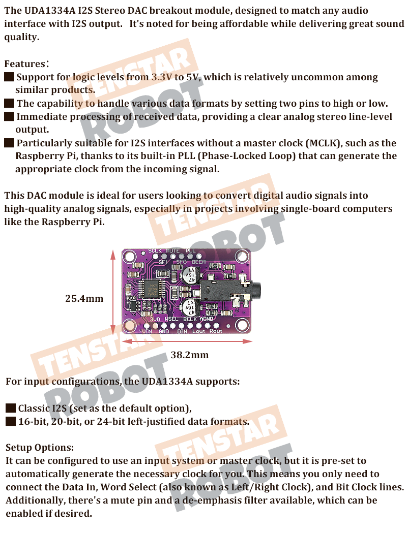 TENSTAR UDA1334A DAC Module UDA1334 I2S DAC Audio Stereo Decoder Module ...