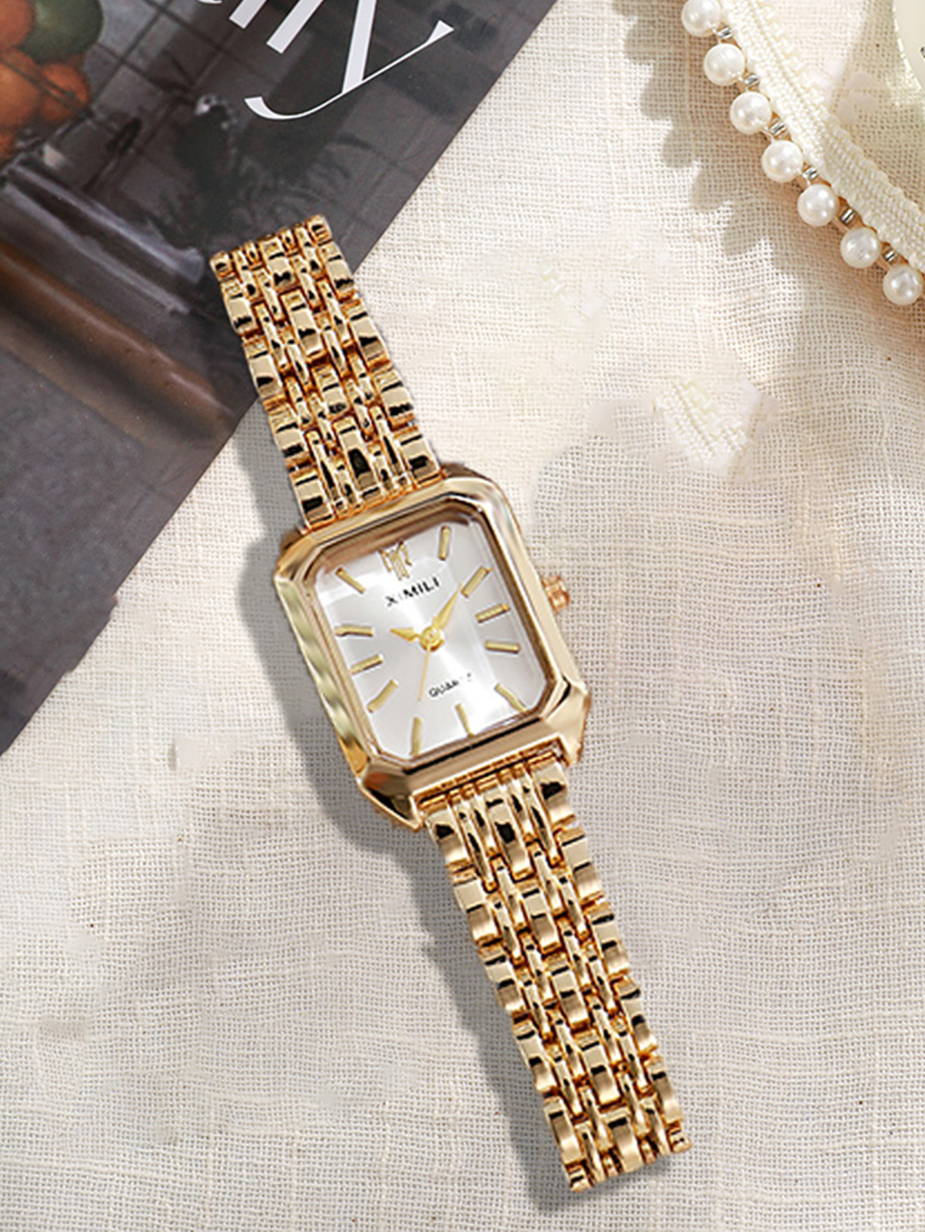 Elegant Golden Rectangular Women's Quartz Watch - Steel Band with ...