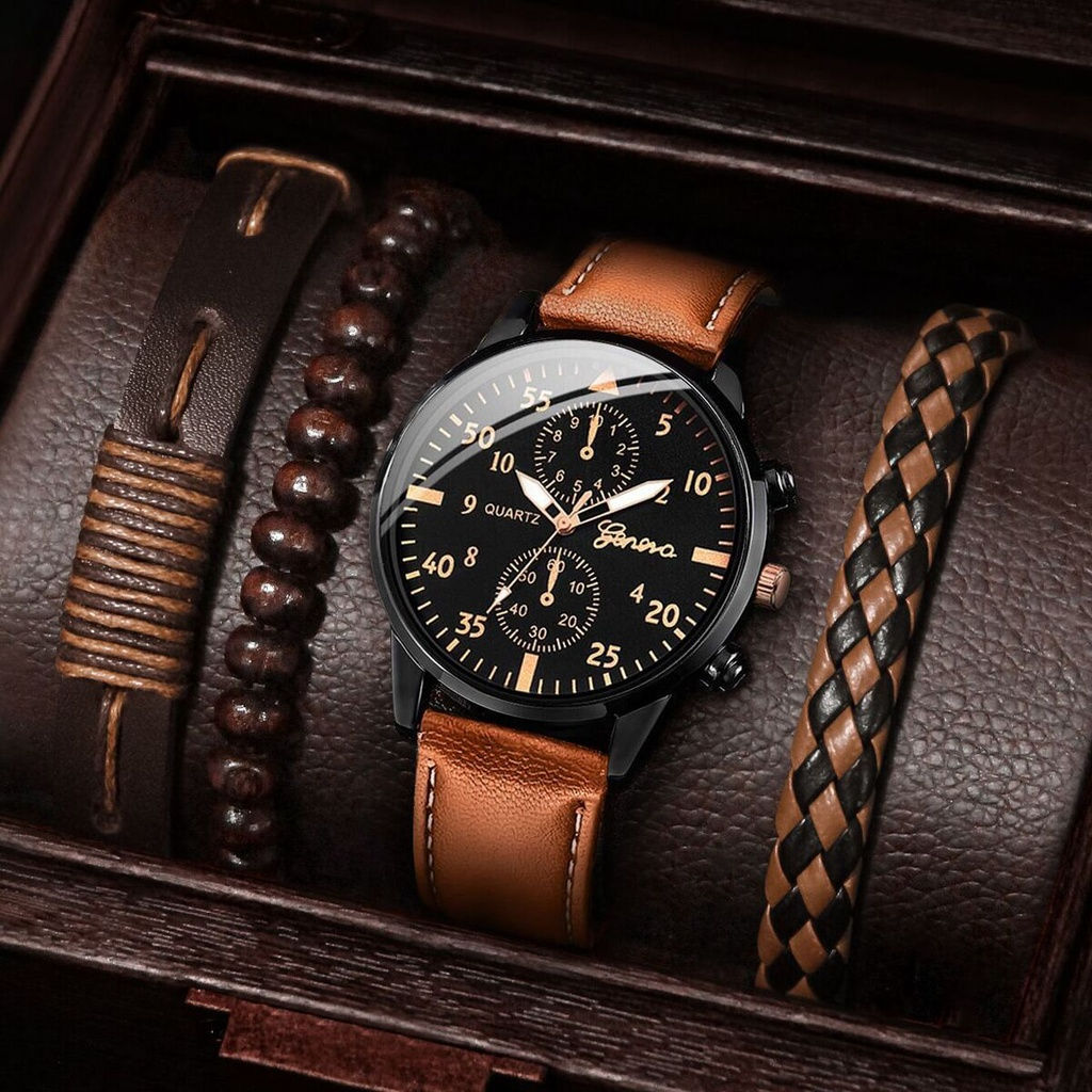Casual Men's Quartz Watch - Vintage Leather Band with Stylish Bracelet ...