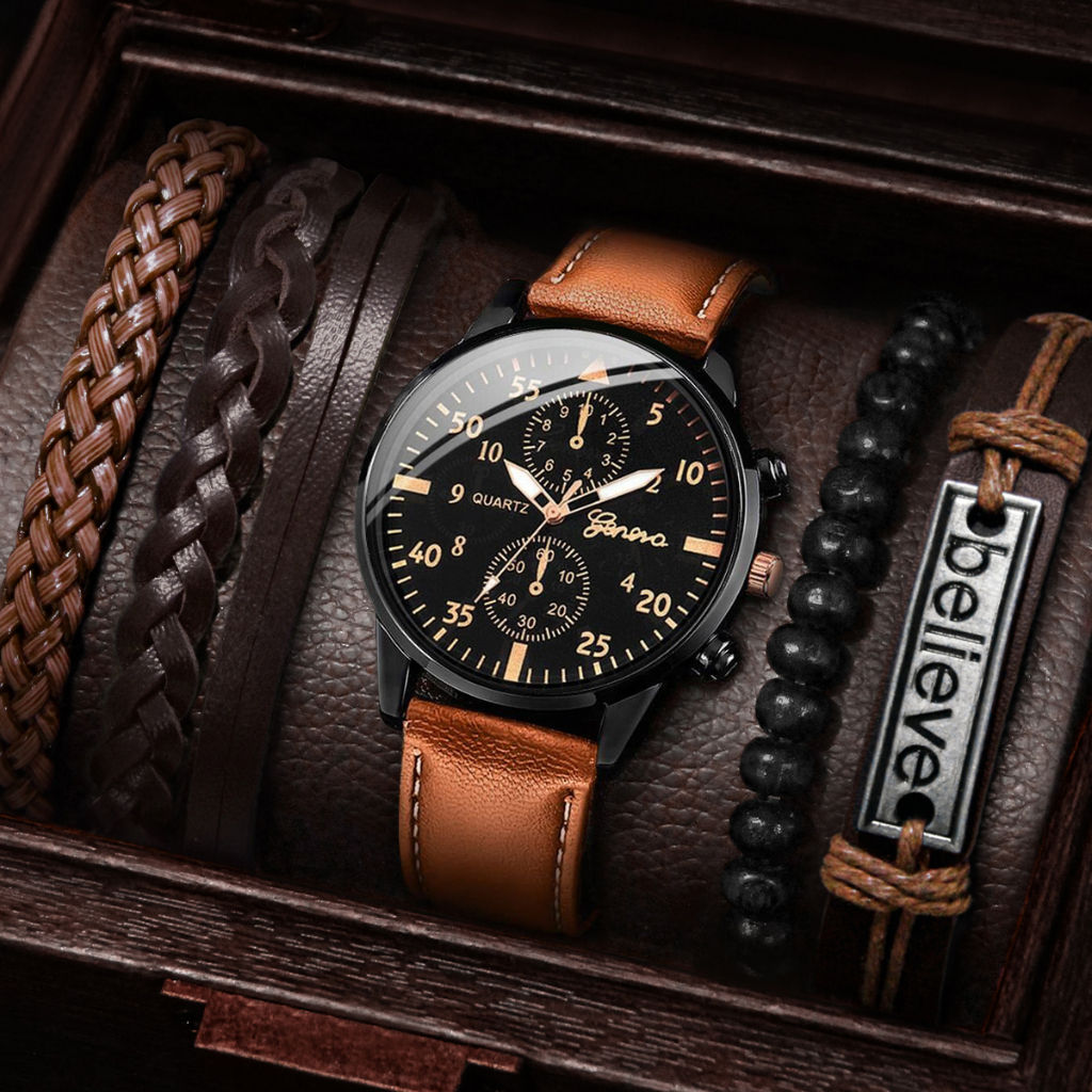 Casual Men's Quartz Watch - Vintage Leather Band with Stylish Bracelet ...