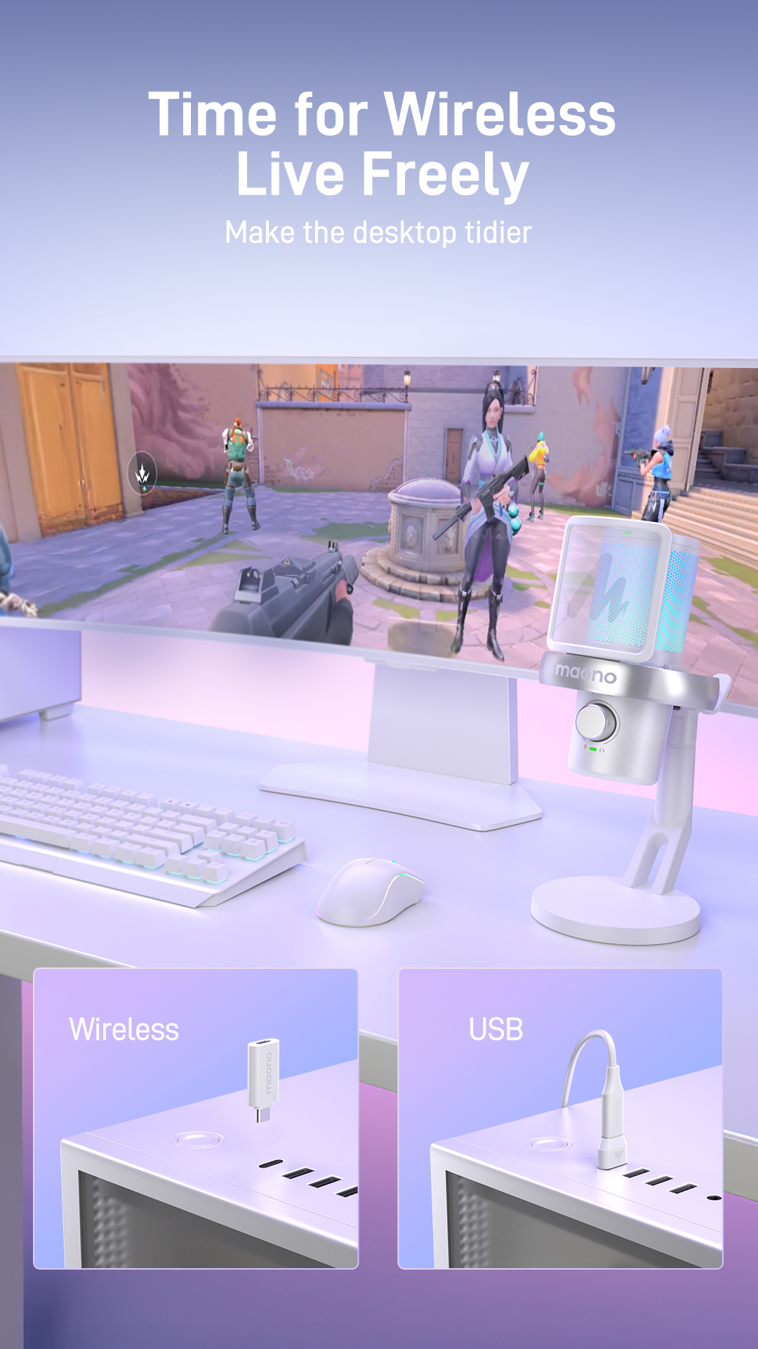 MAONO DM40 Pro White Wireless Gaming Microphone Condenser USB Mic with ...