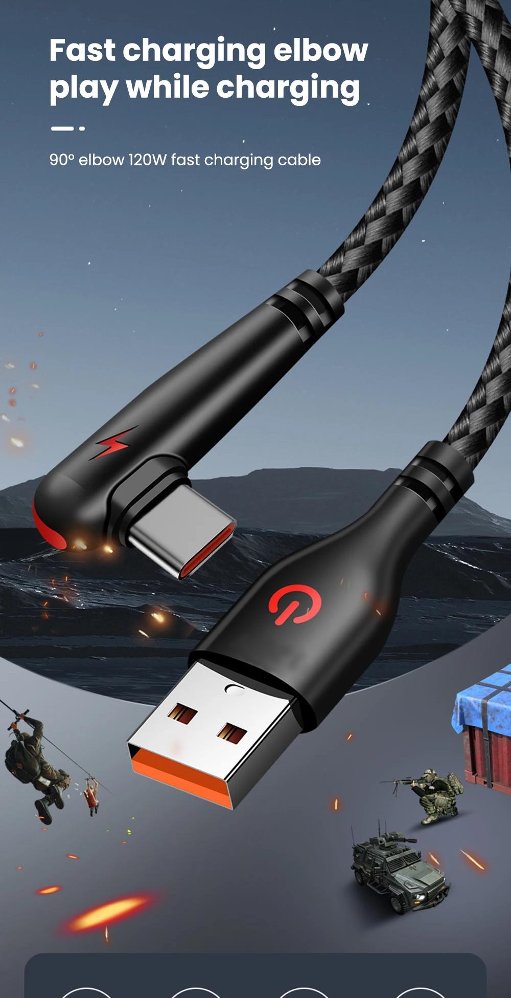 25cm 90 Degree Elbow USB Type C Short Cable 120W Fast Charging Braided ...