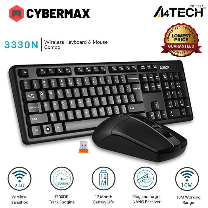 A4TECH 3330N Wireless Keyboard And Mouse Combo 2.4Ghz 1200 DPI Mouse ...