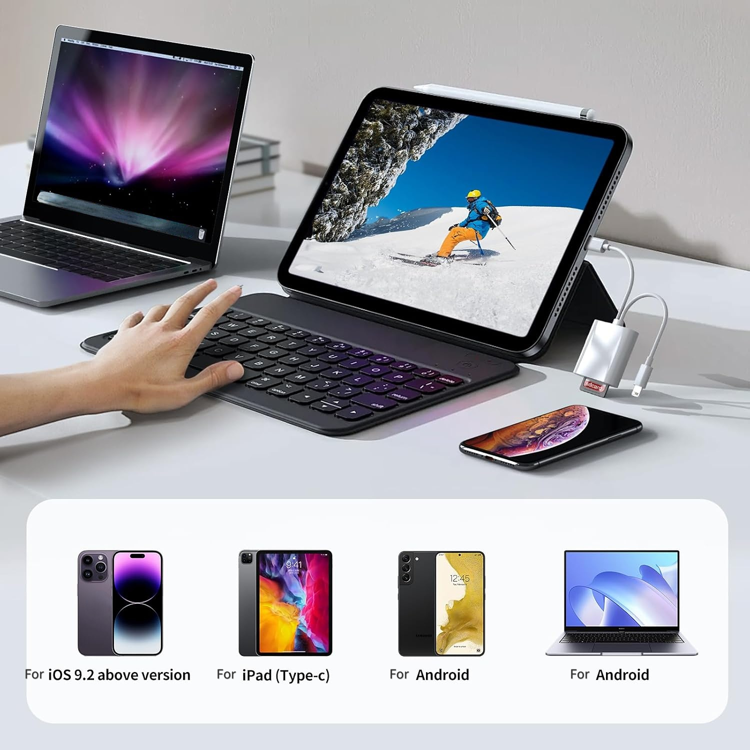 Dual Card OTG Reader for SD TF Memory Cards, USB C Lightning Interface ...