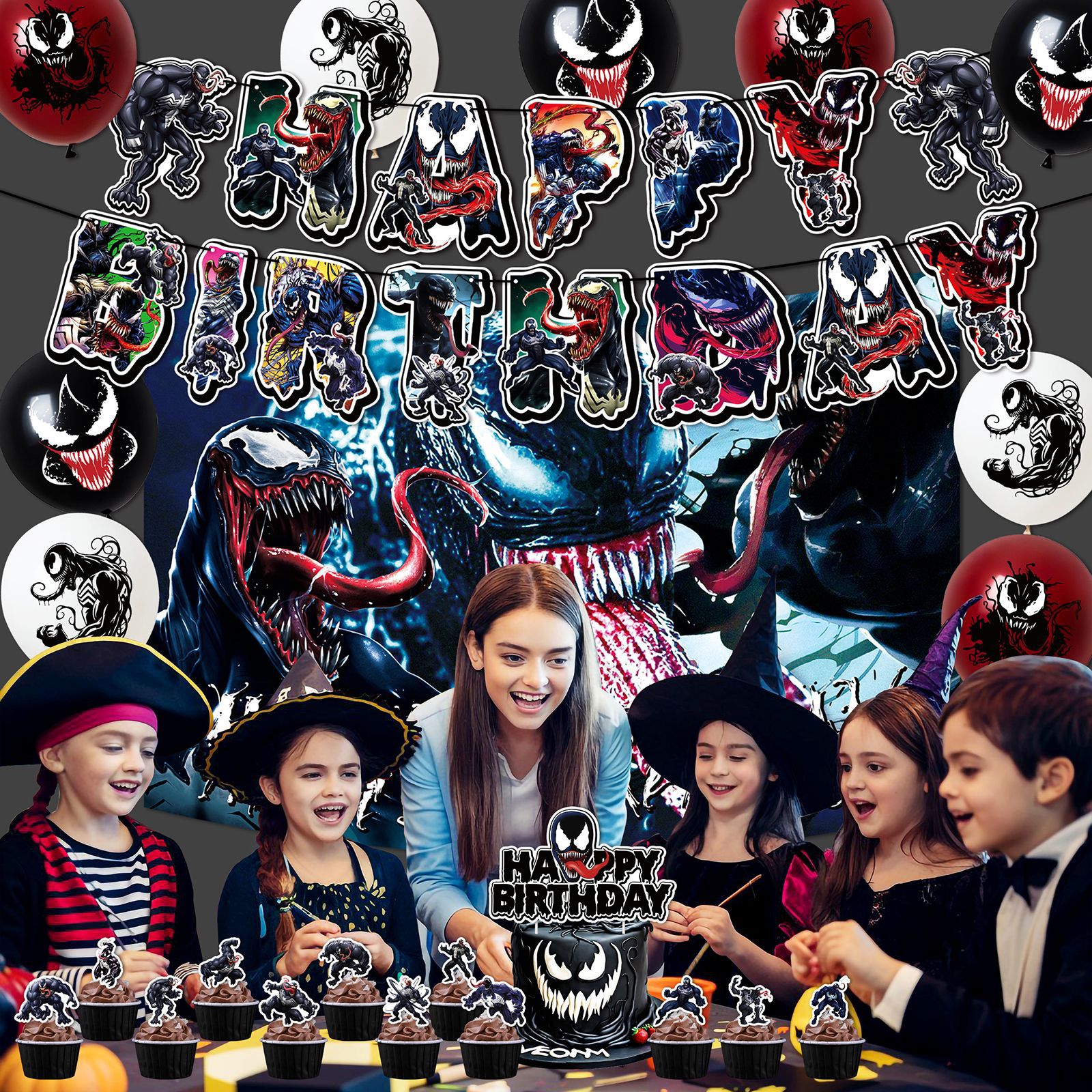 Venom Theme Party Decoration Kids Birthday Banner Cake Topper Balloon ...