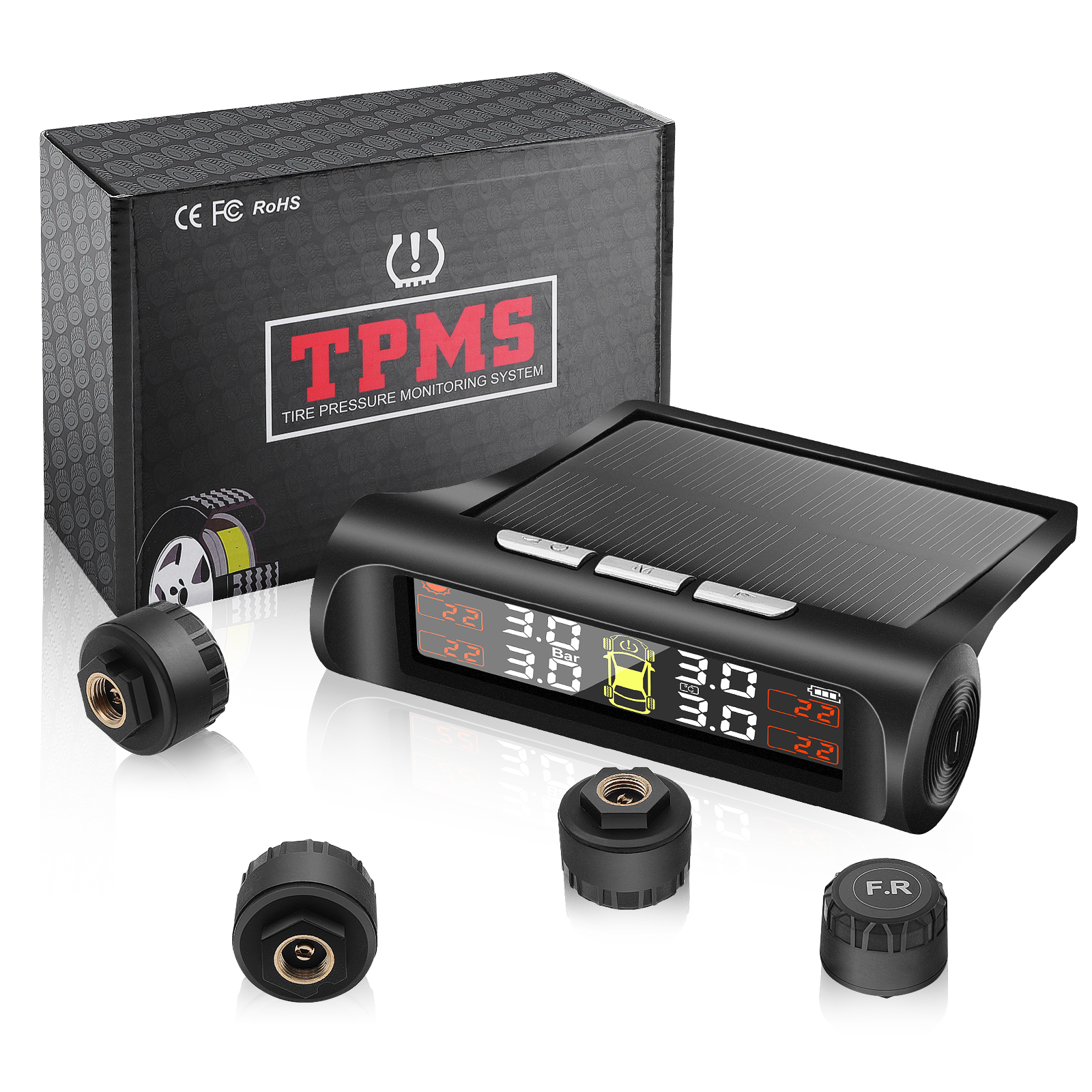 Tire Pressure Monitoring System TPMS Wireless Solar Car Tire Pressure Alarm Temperature Warning ...
