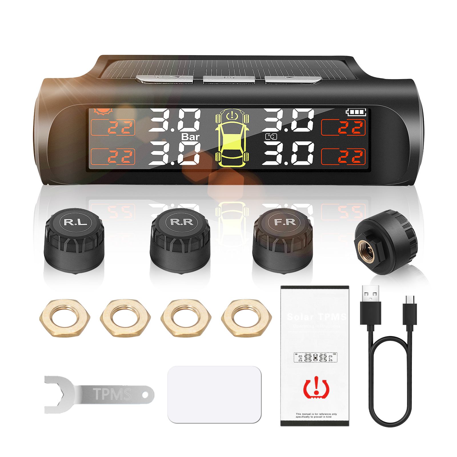 Tire Pressure Monitoring System TPMS Wireless Solar Car Tire Pressure Alarm Temperature Warning ...