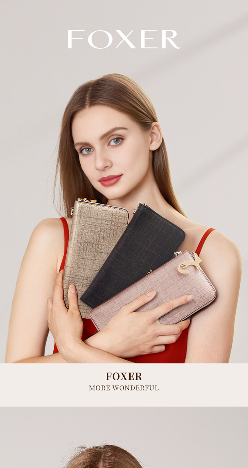 FOXER Women purse Leather long wallet Long purse Multi-card Zip wallet ...