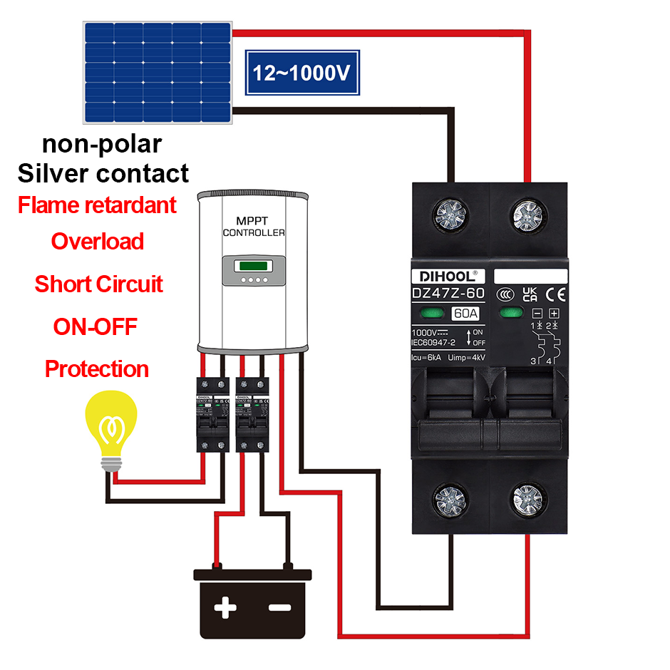 DIHOOL Solar DC Circuit Breaker DC1000V MCB 10A 20A 30A 40A 50A 60A 80A ...