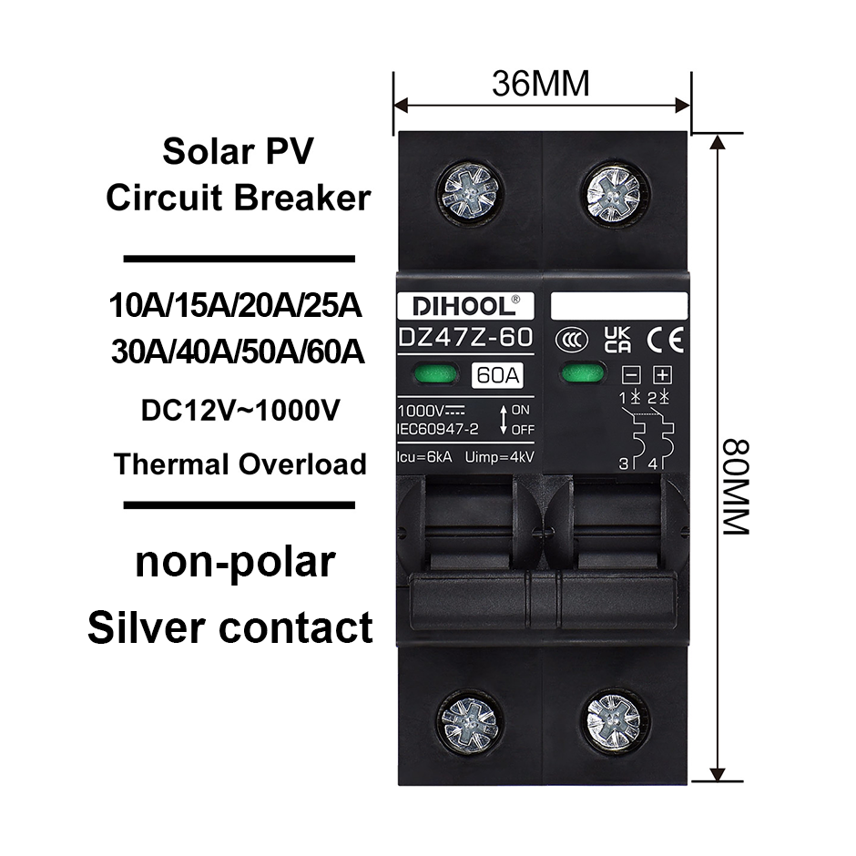 DIHOOL Solar DC Circuit Breaker DC1000V MCB 10A 20A 30A 40A 50A 60A 80A ...
