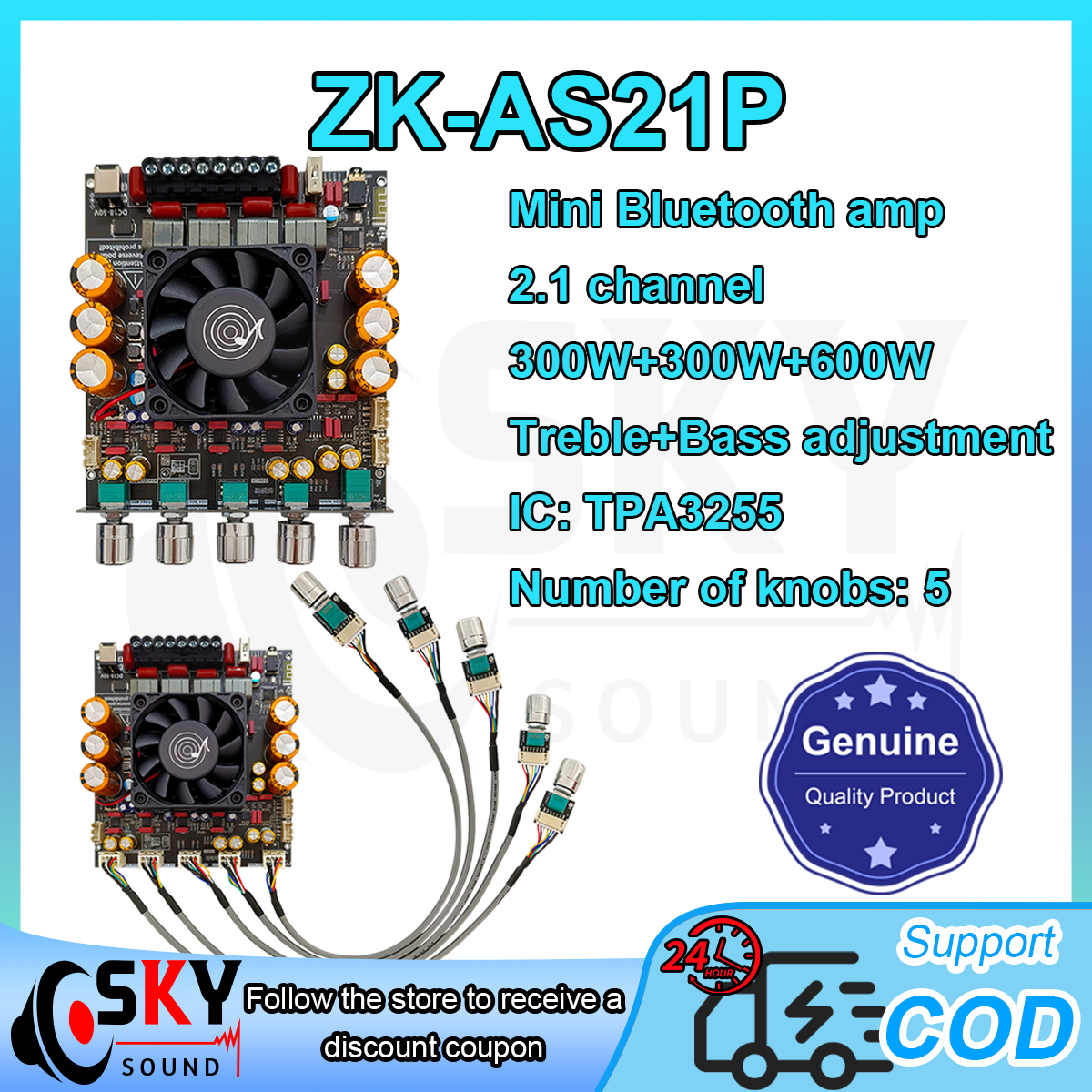SKYSOUND ZK-AS21P Amplifier with Bluetooth 2.1 Channel Treble Bass ...