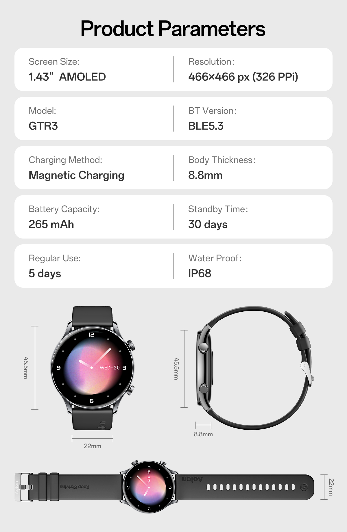 【1 Year Warranty】Aolon GTR 3 Smart Watch AOD Amoled Bluetooth Call Long ...