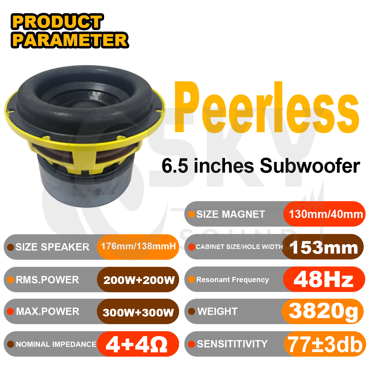 SKYSOUND 6.5inch 4Ω+4Ω 200W+200W Subwoofer High-excursion Dual-magnet ...