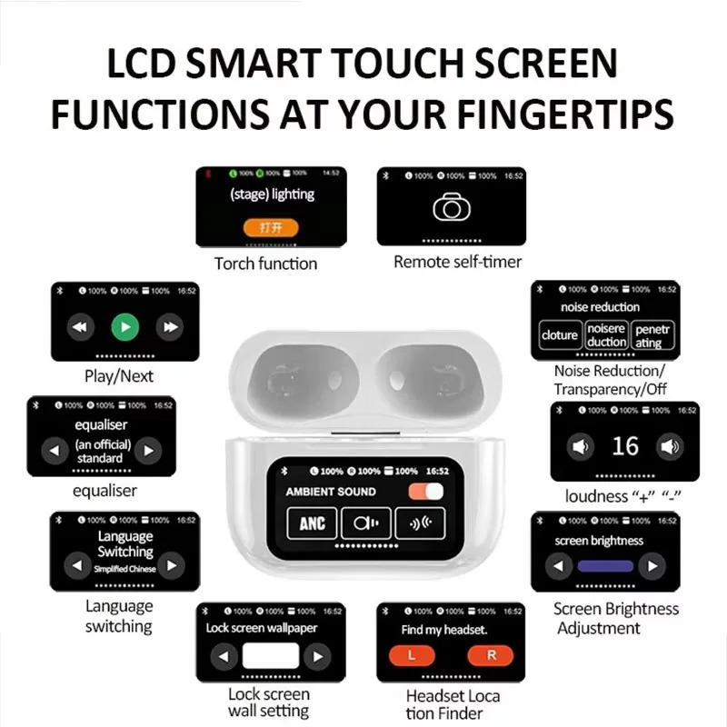 A9 Pro TWS Screen Wireless Bluetooth Earphone ANC ENC Noise Cancelling ...