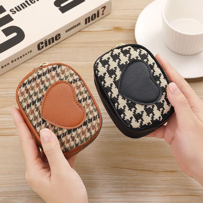 Houndstooth Double Zipper heart shape Coin Purse Wallet Women Mini ...