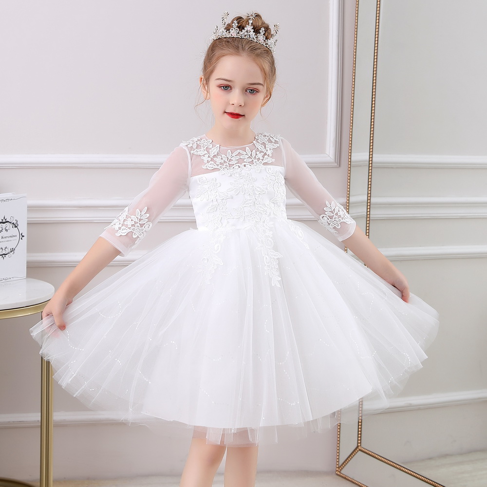 Flower Girls Lace Sleeve White Princess Dress for Weddings Children ...