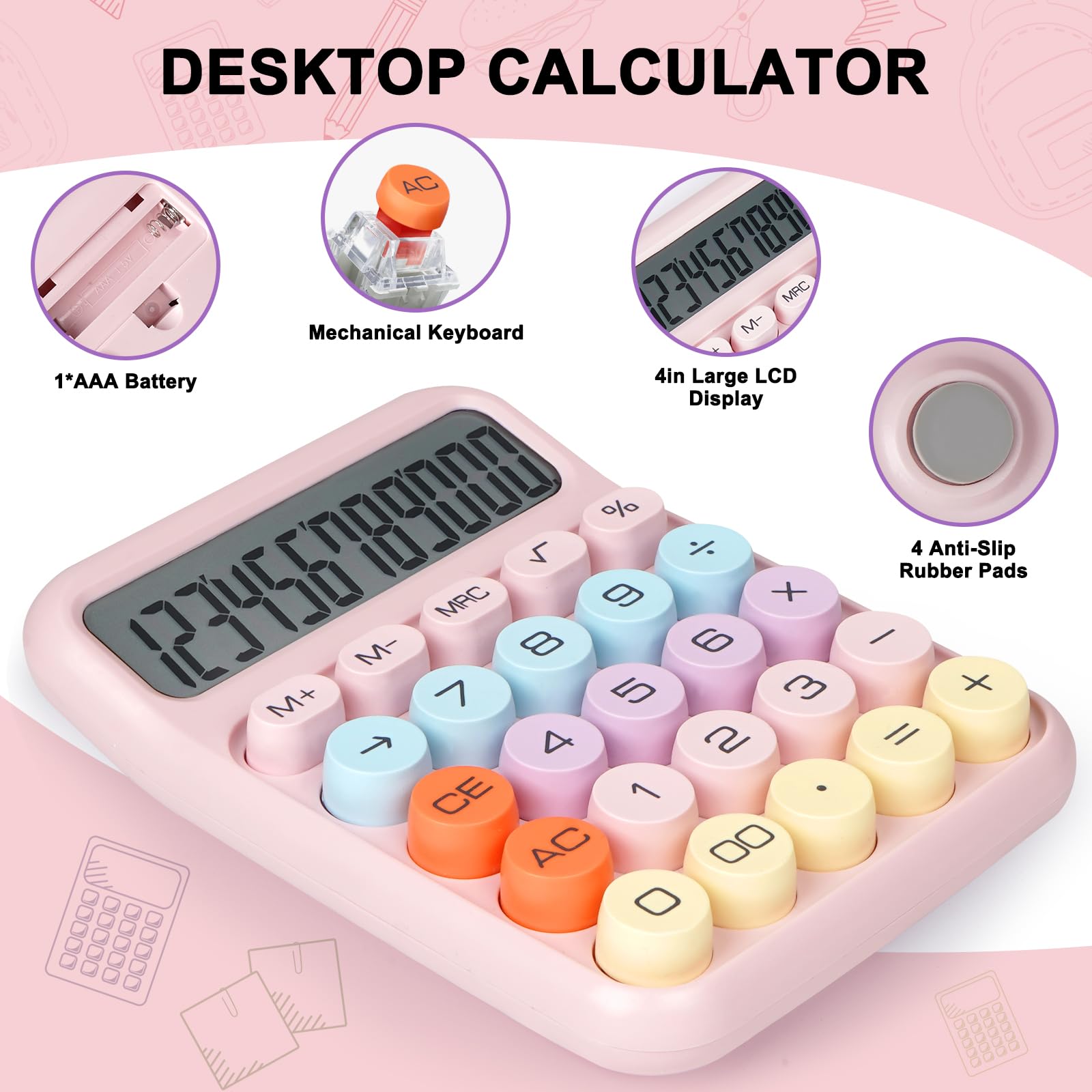 Mechanical Pushbutton Calculator,12 Digit Large LCD Display,Big Buttons Easy to Press,Colorful ...