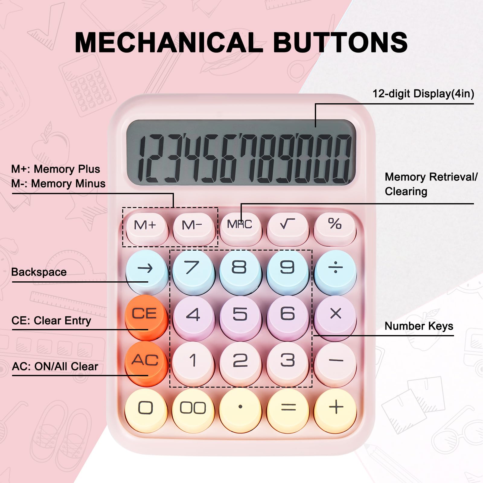 Mechanical Pushbutton Calculator,12 Digit Large LCD Display,Big Buttons Easy to Press,Colorful ...