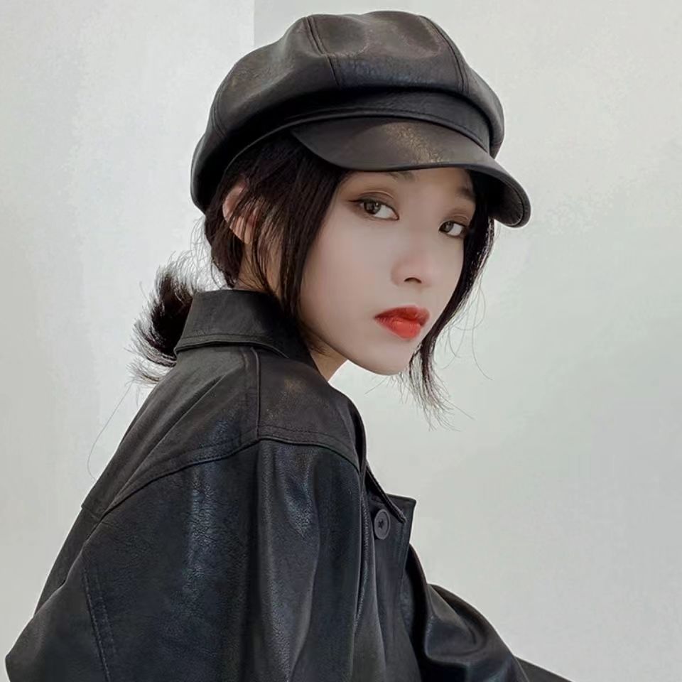 Unisex PU Leather Beret - Retro Korean-Style 8-Panel Hat for ...